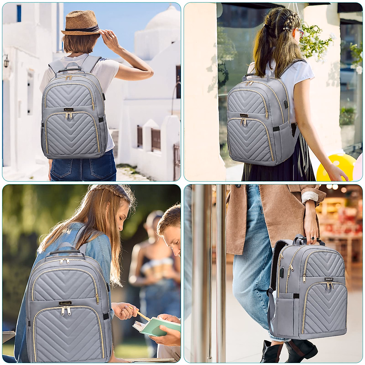 Laptop Backpack for Women Men, Large School Backpack for Teens Boys Girls, 17.3 Inch Quilted Laptop Bag Bookbag College Bag with USB Charging Port, Work Travel Casual Daypacks, Grey(over 3 years old)