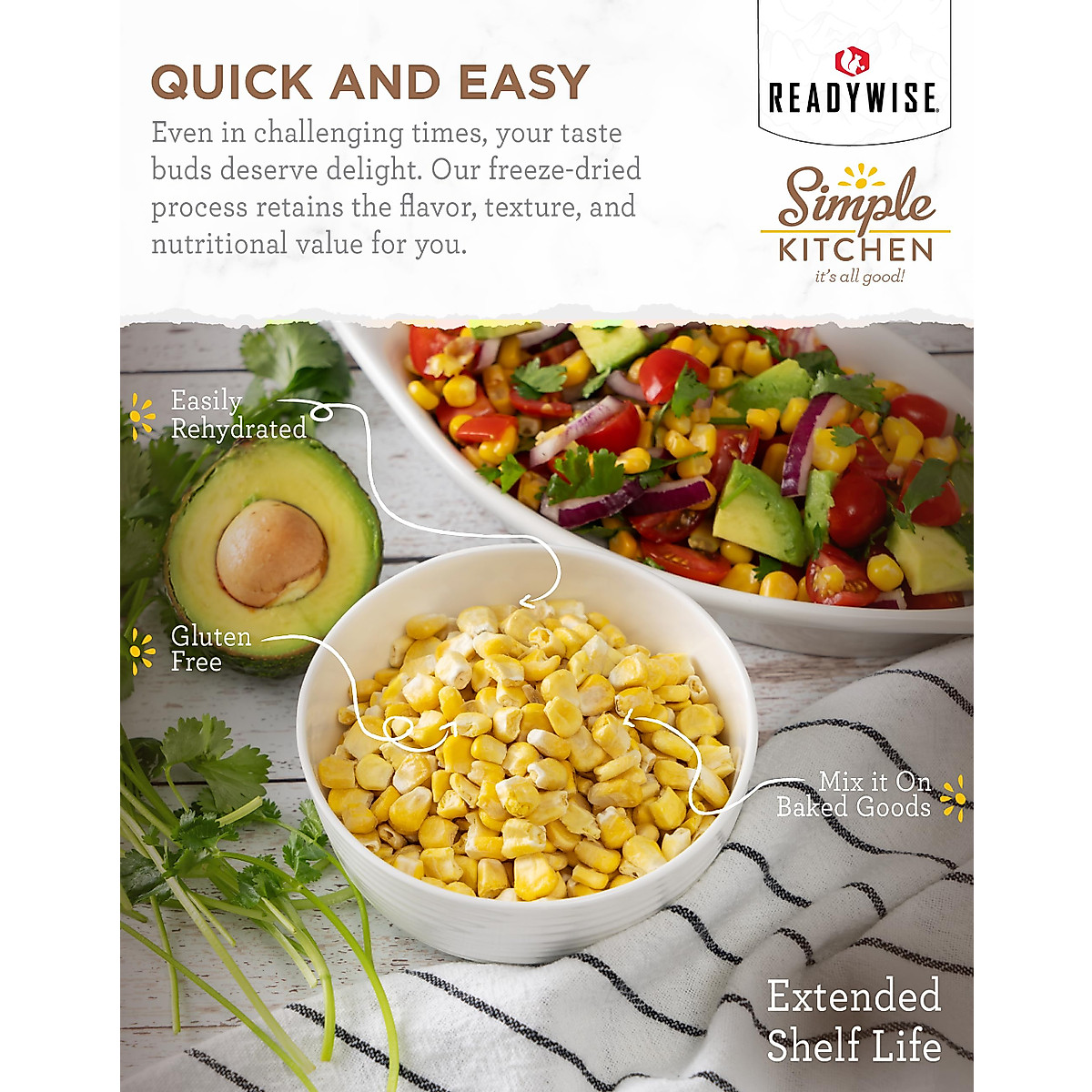 READYWISE - Simple Kitchen, Freeze-Dried Corn, 23 Servings, MRE, Emergency Food Supply, Gluten Free, Corn, Freeze Dried Corn, Freeze Dried Food, Canned Food, Camping, Survival Food, 10 Can