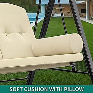 YITAHOME 3-Seat Deluxe Outdoor Porch Swing Large Patio Swing Chair with Weather Resistant Steel Frame, Removable Cushion & Pillow Suitable for Garden, Poolside, Balcony (Beige) (MAYIH0000021MA)
