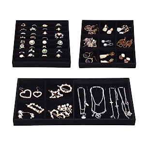 Fixwal Jewelry Tray for Drawers Set of 3, 14in Stackable Jewelry Organizer, Jewelry Storage for Earring, Necklace, Bracelet, Watch with Removable Divider, Black