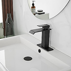 BWE Black Bathroom Faucet Modern Waterfall Matte Black Bathroom Sink Faucet Single Hole with Pop Up Drain Parts Spout Bath Lavatory Vanity Stopper Overflow and Supply Hose Single Handle