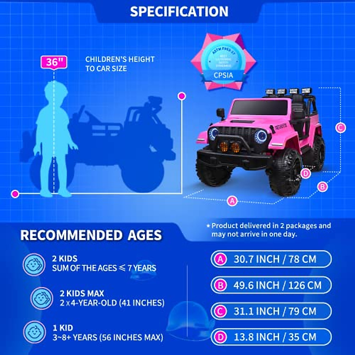 Joywhale 24V 2 Seater Kids Ride on Car Truck 4WD Battery Powered Motorized Easy-Drag Truck, with 4x75W Powerful Engine, Soft Braking, Remote Control, Suspension & Free Car Cover, 2023 New Model, Pink