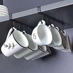 AliCH 2pcs Mug Hooks Under Cabinet Mug Holder Rack,Nail Free Adhesive Coffee Cups Holder Hanger for Cups/Kitchen Utensils/Ties Belts/Scarf/Keys Storage, Fit for 0.8inch Thickness Shelf or Less (BLA)