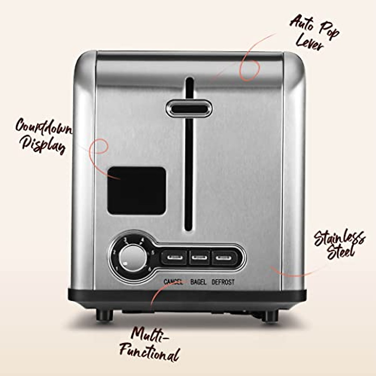 Peach Street 2 Slice Toaster Compact Bread Toaster with Digital Countdown, Wide Slots, Auto-Pop Stainless Steel, 6 Browning Levels, Removable Crumb Tray, with Defrost, Bagel, and Cancel Function
