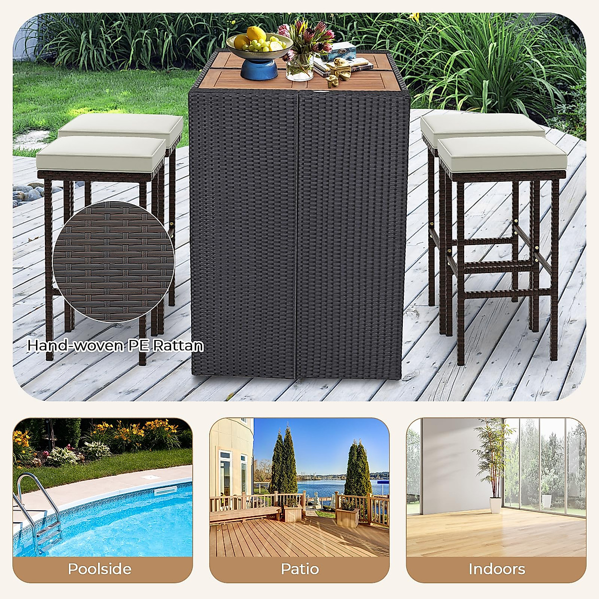 HAPPYGRILL Wicker Bar Stools Set of 2, Bar Height Bistro Stools with Removable Seat Cushions, Backless Patio Pub Stools with Footrest Support 400 LBS, for Balcony, Poolside