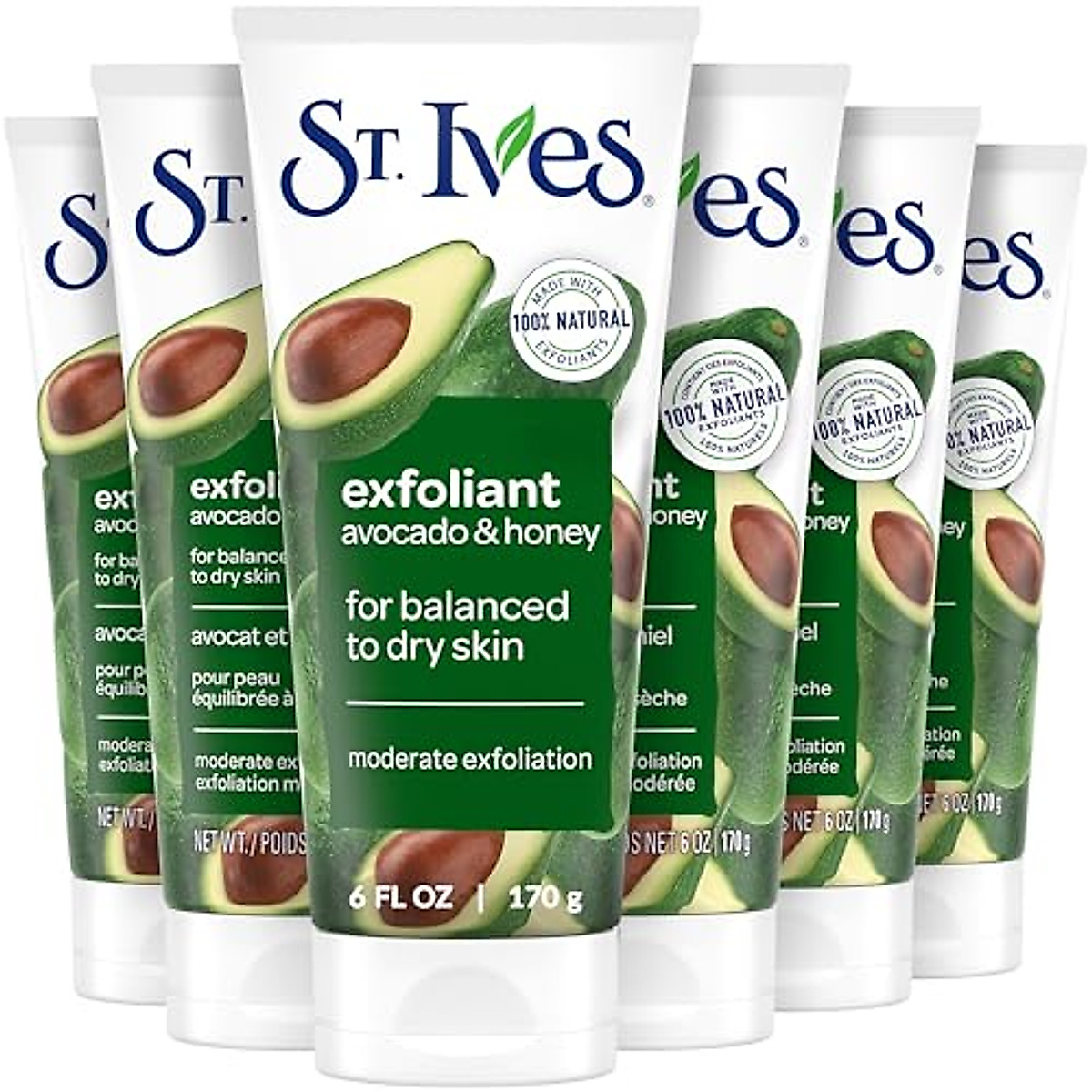 St. Ives Soft Skin Face Scrub, Avocado & Honey Moderate Exfoliator For Soft, Smooth Skin, Oil-free Facial Scrub Made with 100% Natural Exfoliants, 6 oz, 6 Pack