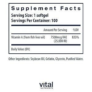 Vital Nutrients - Vitamin A (from Fish Liver Oil) - Supports Immune Function and Vision - 100 Softgels per Bottle - 7500 mcg RAE