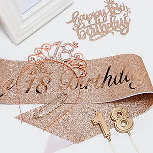 Tihebax 4Pcs 18th Birthday Decorations for Girls, Including 18th Birthday Sash with Pearl Pin Happy 18th Birthday Cake Toppers 18th Birthday Candles Sparky 18th Tiara Crown Birthday Gift for Girls