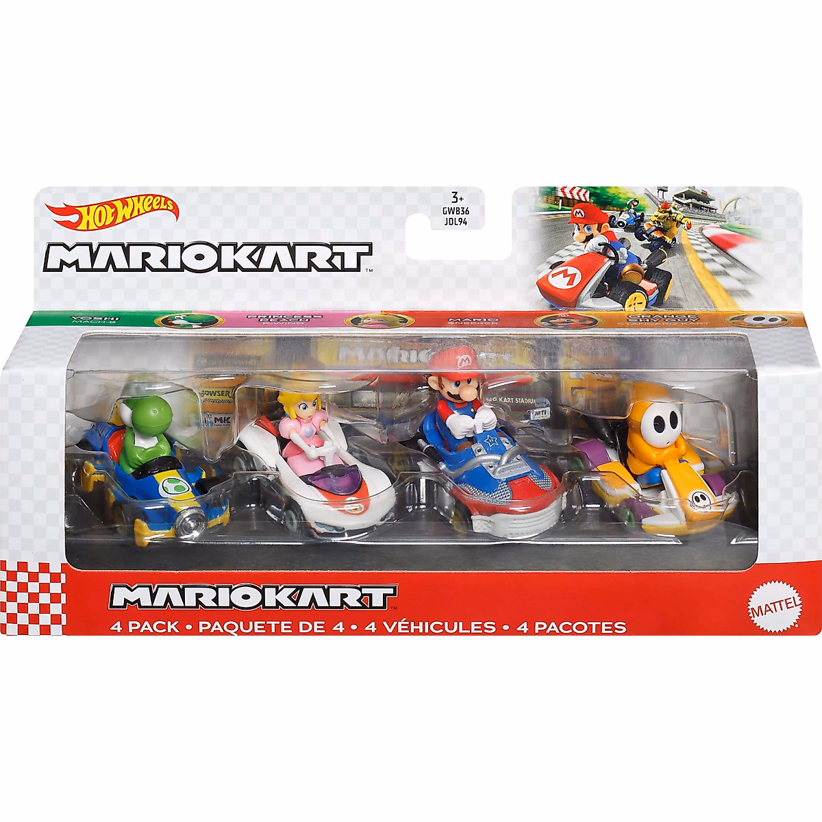 Hot Wheels Mario Kart Toy Vehicle 4-Pack, Collectible Set of 4 Fan-Favorite Characters Includes First-Appearance Orange Shy Guy