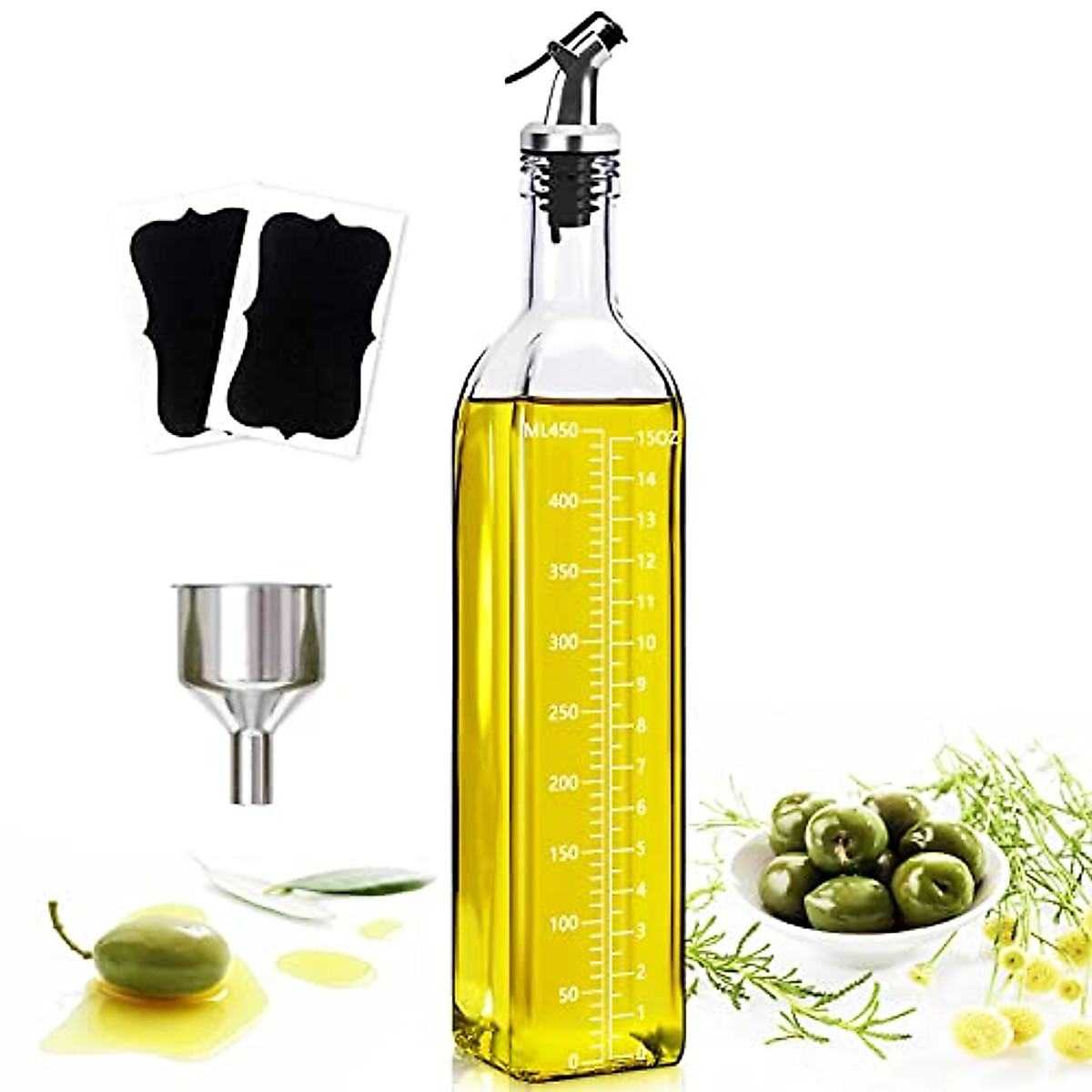 Showvigor Olive Oil Dispenser, Vinegar and Olive Oil Bottle Dispenser 500 ml/17 oz, Oil Bottles for Kitchen with 1 Pourers,2 Labels and 1 Funnel, Home Square Tall Glass Oil Container As Gift