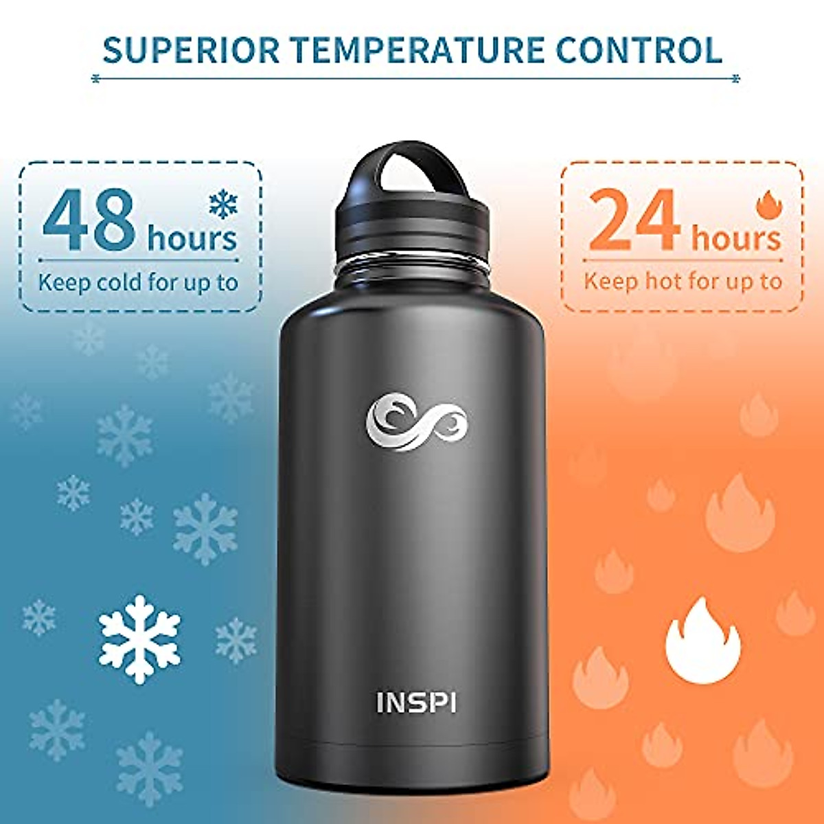 Water Bottle Insulated 64oz, INSPI Stainless Steel Water Bottle with Straw & 3 Lids, Half Gallon Large Water Jug Wide Mouth, 64 oz Triple Wall Vacuum Hydro Jug, Keep Cold for 48Hrs Flask, Black