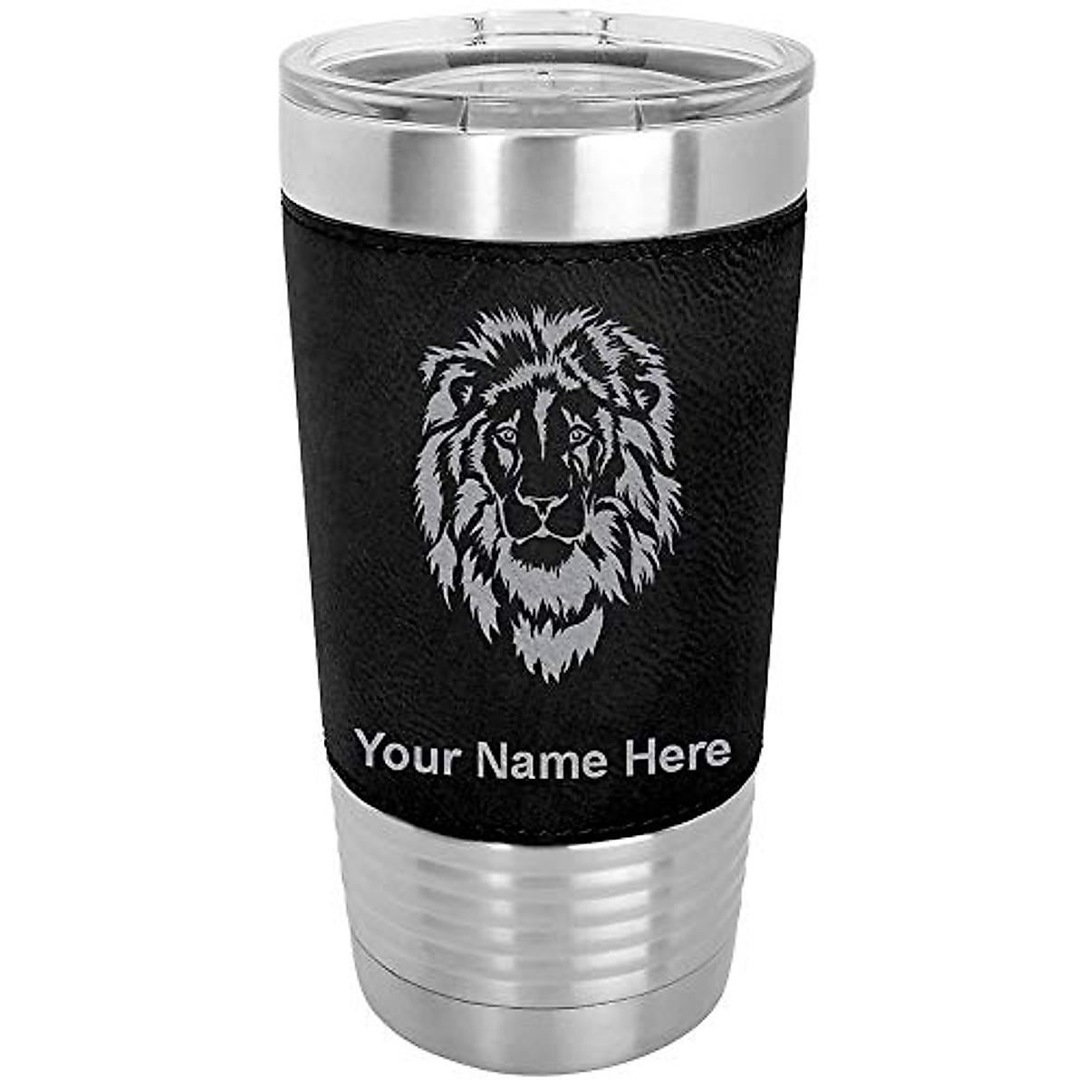 LaserGram 20oz Vacuum Insulated Tumbler Mug, Lion Head, Personalized Engraving Included (Faux Leather, Black)