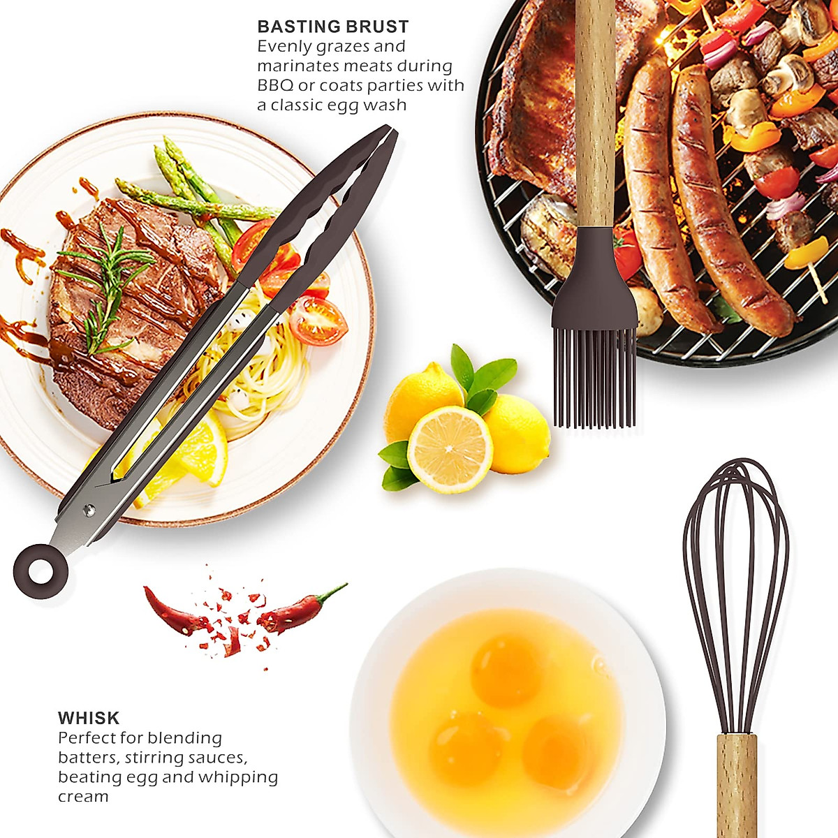 Silicone Cooking Utensils Set - 446°F Heat Resistant Silicone Kitchen Utensils for Cooking,Kitchen Utensil Spatula Set w Wooden Handles and Holder for Non-Stick Cookware, BPA FREE (Coffee)