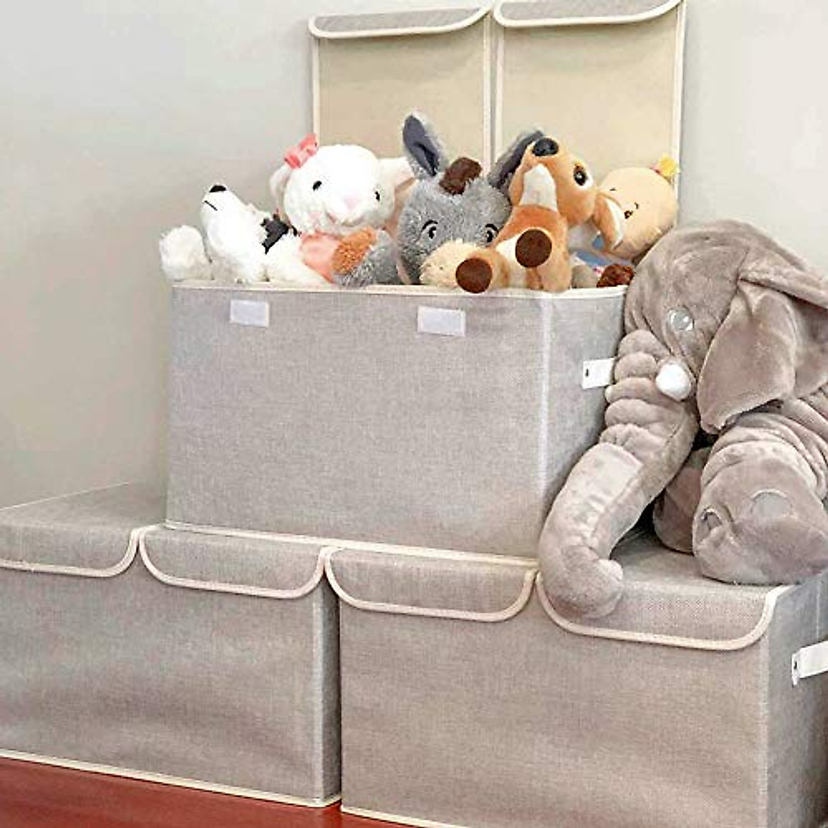 EZOWare Large Storage Boxes [3-Pack] Large Linen Fabric Foldable Storage Cubes Bin Box Containers with Lid and Handles for Home Nursery, Closet, Baby Products (Silver Gray)