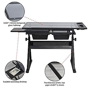 KAAYEE Premium Drawing Draft Table - Height Adjustable Draft Drawing Desk,Up to 72°Tiltable Glass top w/Stool and Drawers for Reading, Writing Art Craft Work Station