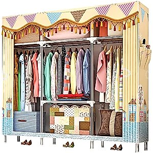 QUMENEY Portable Closet Large Wardrobe Clothes Standing Shelves Organizer, Non-Woven Fabric Closet Storage Organizer with 4 Storage Shelves, 3 Hanging Sections 2 Side Pockets (Sunny Town)