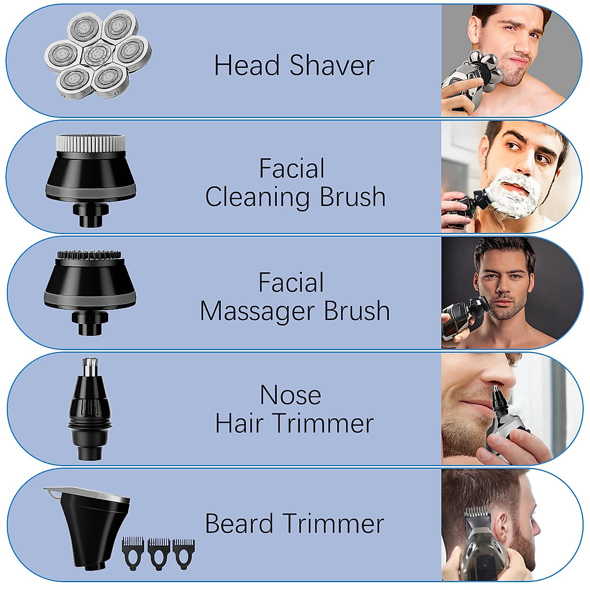 7D Electric Head Shaver for Bald Men, 5 in 1 Electric Rotary Razor Wet and Dry, Grooming Cordless Electric Shavers USB Rechargeable Waterproof, 7D Floating Balding Trimmer with LED Display (Black)