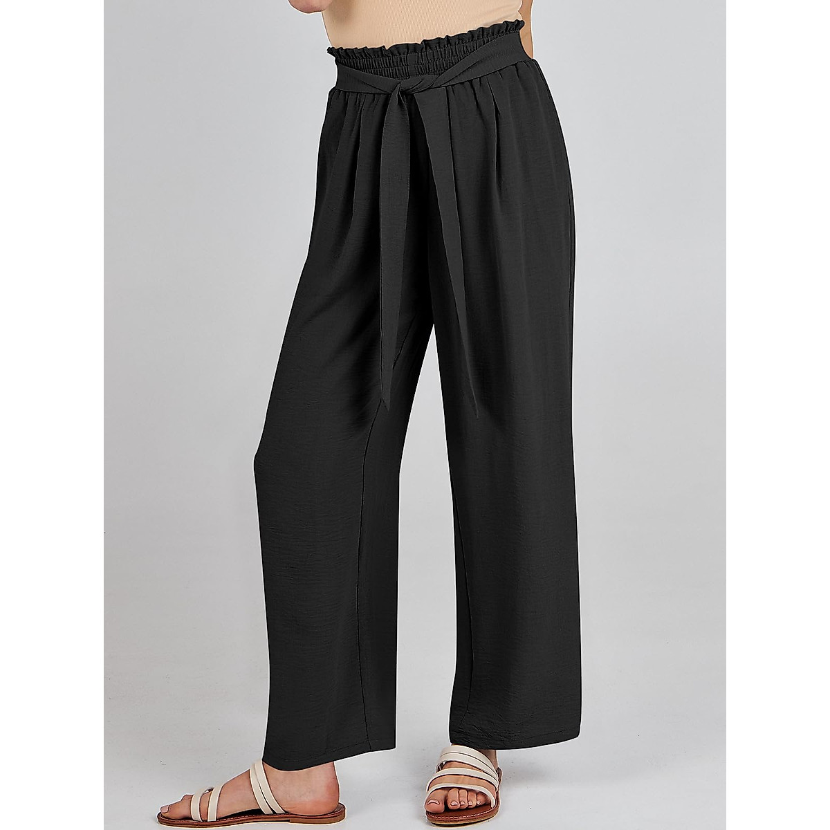 ANRABESS Women's Wide Leg Palazzo Pants with Pockets High Waisted Tie Knot Business Casual Trendy Boho Lounge Trousers Black Small