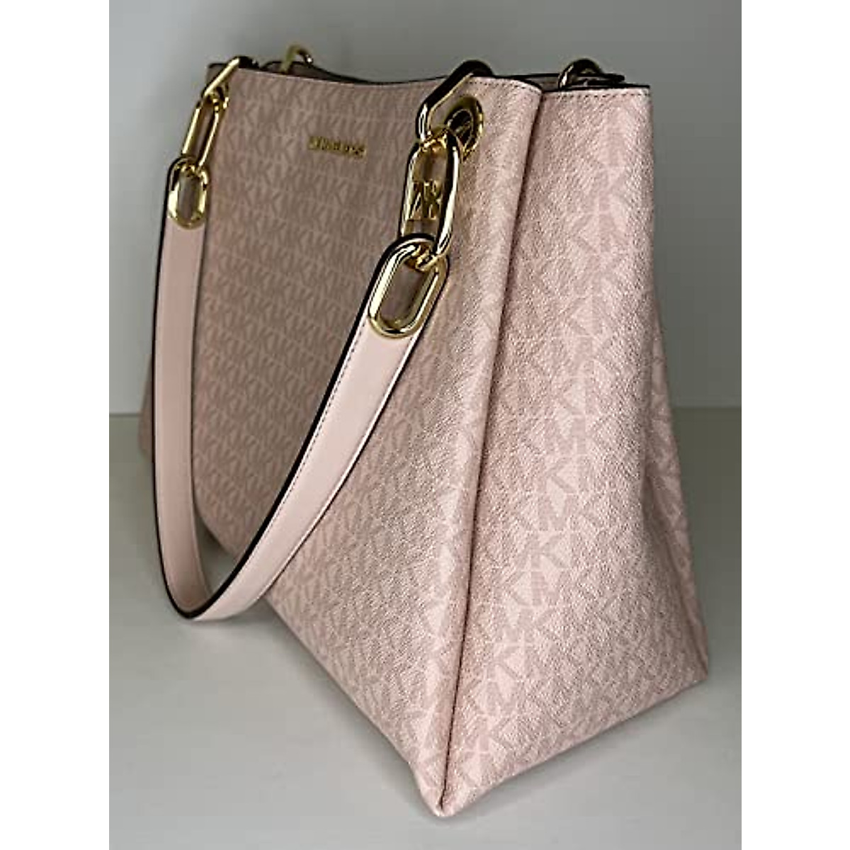 MICHAEL Michael Kors Trisha Large Triple Gusset Shoulder Tote bundled with Large Trifold Wallet and Michael Kors Purse Hook (Signature MK DK Powder Blush)