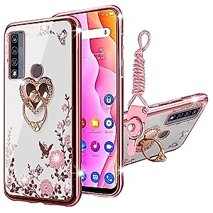 KuDiNi for TCL 4X 5G (T601DL) Case, Alcatel TCL 20A 5G (T768S) Case for Women Glitter Crystal Soft Bling Butterfly Heart Floral Clear Protective Cover with Kickstand+Strap for TCL 4X 5G (Rose Gold)