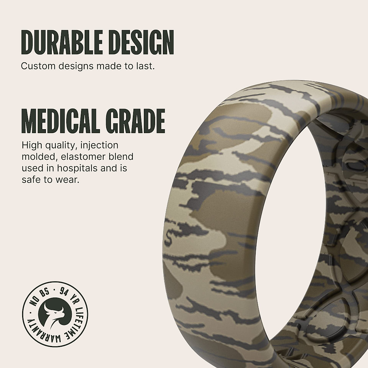 Groove Life Mossy Oak Bottomland Camo Silicone Ring - Breathable Rubber Wedding Rings for Men, Lifetime Coverage, Unique Design, Comfort Fit Ring - Size 10