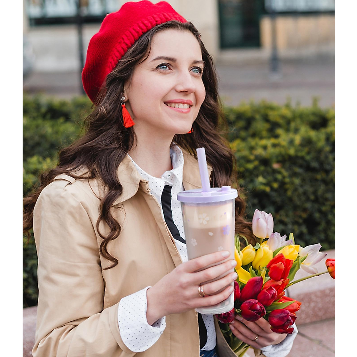 Colnic Reusable Boba Cup With Lids And Straws, 24OZ/700ml Smoothie Cups, Iced Coffee Cup, Leakproof Kawaii Cup, Bubble Tea Cup, Boba Cups With Boba Reusable Straw, Double Wall Tumbler (Purple)