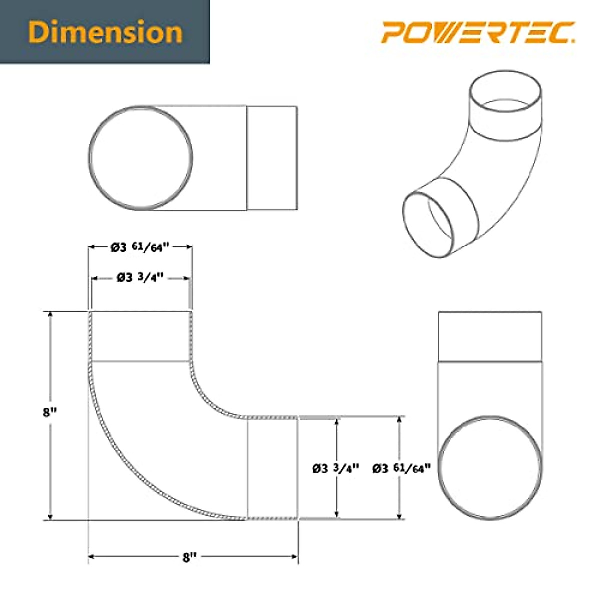 POWERTEC 70105 4" Elbow Dust Hose Connector, Black, 4", 90 Degree Elbow