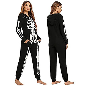 Veseacky Women's Skeleton Costume Onesie Pajama Halloween Holiday Glow in Dark One-Piece PJS with Hoodie Bodysuit Skeleton Jumpsuit Outfits Small