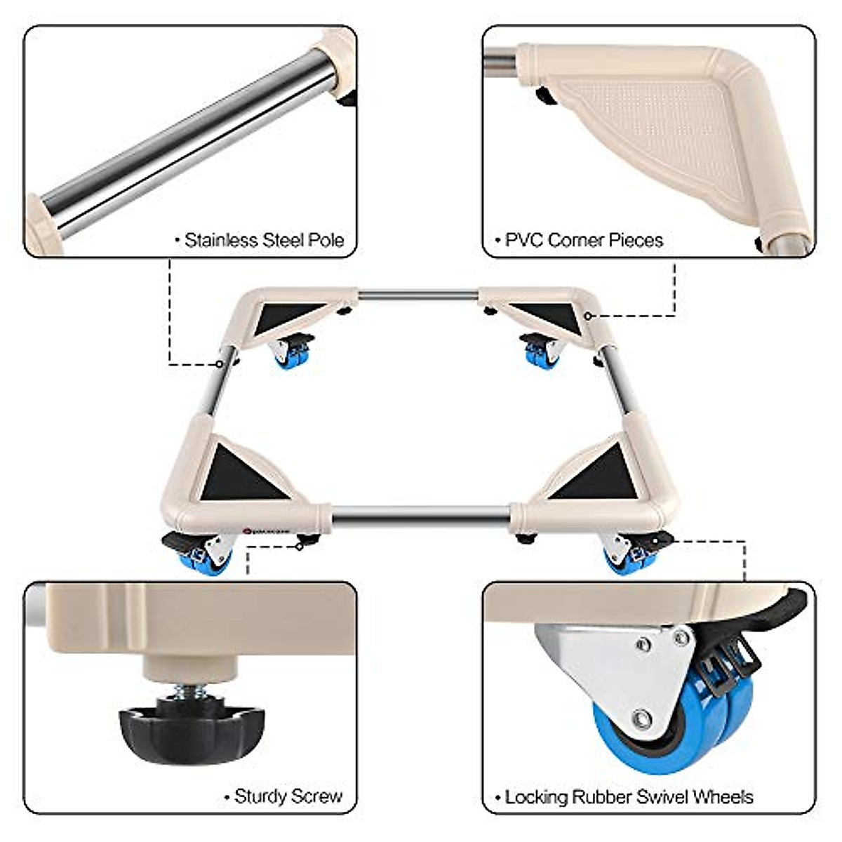 SPACECARE Furniture Dolly Adjustable Mobile Roller Mini Fridge Stand Washing Machine Stand with 8 Locking Swivel Wheels Universal Mobile Base Moving Cart for Dryer Refrigerator, Capacity 500 Lbs,White