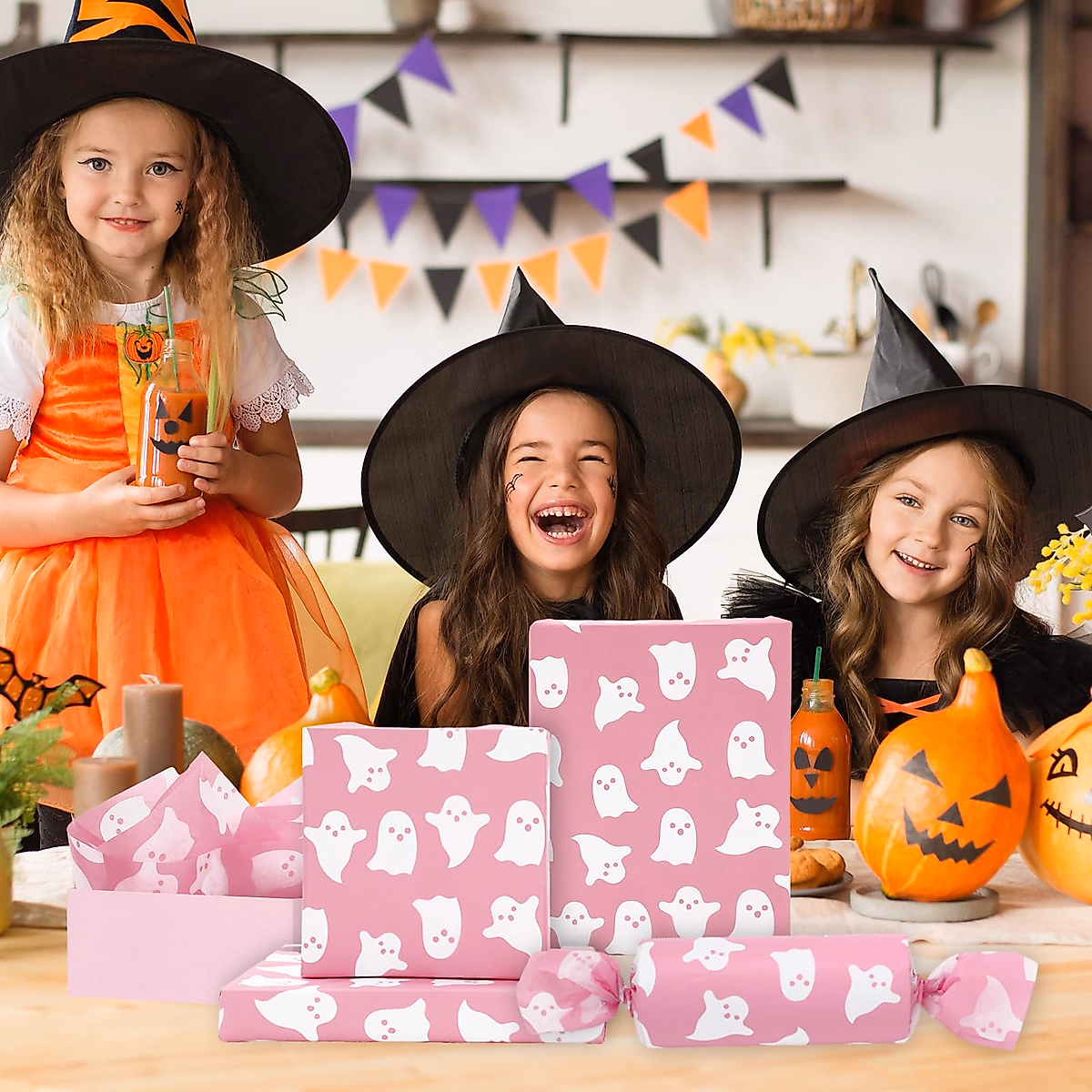 JarThenaAMCS 100 Sheets Halloween Tissue Paper Pink Ghost Gift Wrapping Paper for DIY Arts Crafts Holiday Party, 14 x 20 Inch