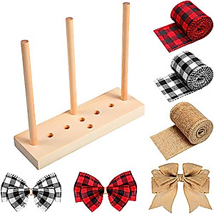 Wooden Ribbon Bow Maker with 3 Rolls Wired Burlap Craft Ribbons for Christmas Bows Holiday Wreaths Crafts Decoration