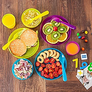 Plastic Dinnerware Set - 8 Piece Cookware Set Include Kids Cups, Plates, Bowls, Flatware Set - Dish Set with Rainbow Colours - Dishwasher and Microwave Safe BPA Free for Kids and Toddler
