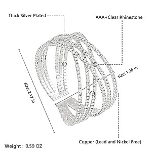 Ecesha Sparkly 6 Rows Cross Rhinestone Crystal Multilayer Arm Cuff Bangle Bracelet for Women Costume Jewelry Formal Wedding Party (Style A & Silver Plated)