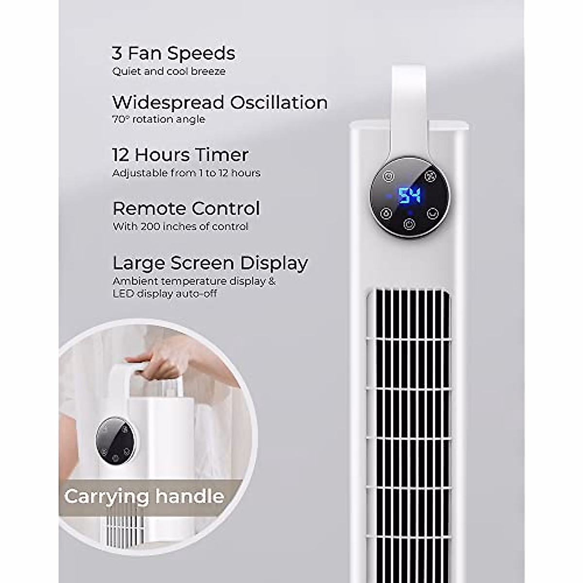Uthfy Tower Fan with Remote Control, Oscillating Bladeless Fan, 43 Inch, Quiet 3 Speeds, Large LED Display,12H Timer, Standing Floor Fans Whole Room Home Office, White, One Size, ATF-014L-2