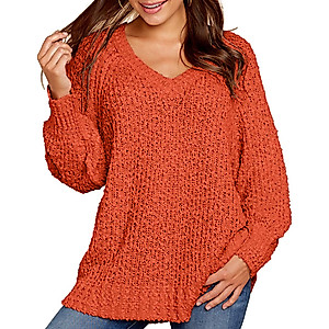 KIRUNDO Women's 2024 Fall Winter Oversized Fuzzy Popcorn Sweaters Trendy V Neck Long Sleeve Cozy Pullover Tunic Tops(Medium, Orange)