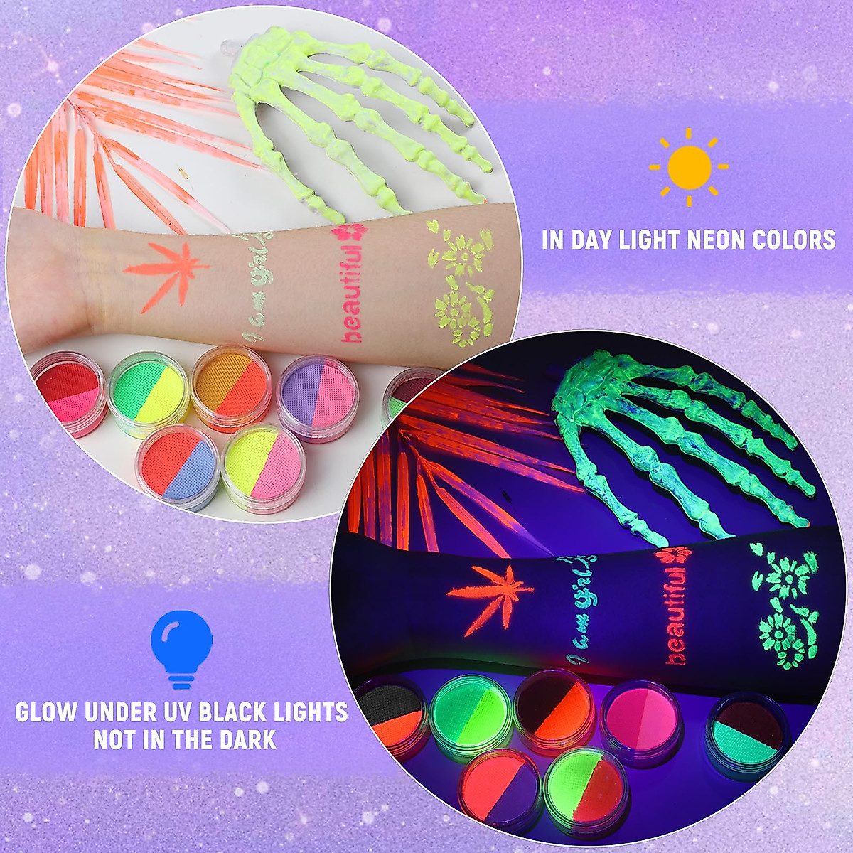 24 Colors Face & Body Paint with 2 Brushes UV Blacklight Neon Rainbow Face Painting Kit for Kids Adult Water Activated Graphic Eyeliner Glow In The Dark for Halloween, Cosplay, Parties & Stage Makeup