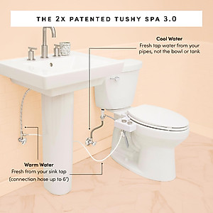 Tushy Spa Warm Water Bidet Attachment. Universal Toilet Fit, Easy DIY Install (Requires Sink Access for Temperature Control) Self Cleaning Sprayer, Adjustable Pressure & Angle Control, (Platinum Knob)