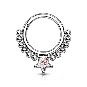 Pierced Owl 16GA Precision All 316L Surgical Steel Star Shaped CZ Crystal and Ball Lined Hoop Cartilage Helix Daith Septum Nose Hinged Segment Ring (Aurora Borealis)