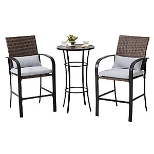 Orweiin Outdoor Bar Table Set for 2,Patio Bar Height Table and Chairs Set with Soft Cushions and Steel Frame,Khaki