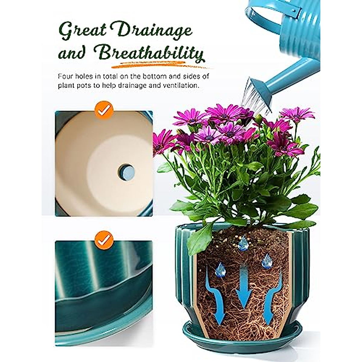 AISBUGUR Plant Pots 6 inch Ceramic Pots for Indoor Plants Set of 2 Flower Pots Unique Crackle Glaze Design Plant Pots with Drainage Hole and Saucer Come with Drainage Nets (Aqua Green)