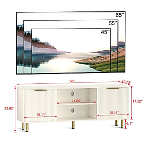Furniwood TV Stand for 65+ Inch TV, Mid Century Modern TV Stand for Bedroom, TV Entertainment Center with Storage Cabinets, TV Consoles for Living Room, White