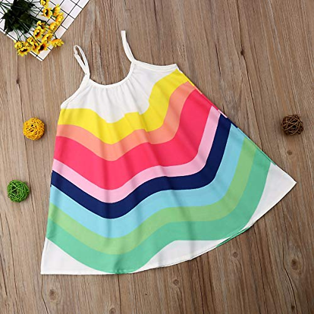 Toddler Baby Girl Summer Boho Rainbow Stripe Spaghetti Strap Beach Sun Dress (Rainbow, 5-6T)