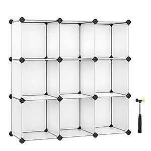 SONGMICS Cube Organizer, 9-Cube Book Shelf, DIY Plastic Closet Cabinet, Modular Bookcase, Storage Shelving for Living Room, Office, 36.6 x 12.2 x 48.4 Inches, White