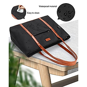 Laptop Tote Bag for Women Teacher Work Office USB Bags Fits 15.6 inches Laptop Lightweight Water Resistant Nylon Tote Bag (Black and Brown Strap)