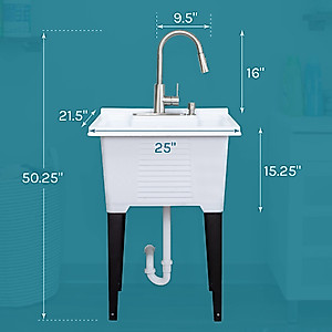 White Utility Sink by JS Jackson Supplies, Tehila Luxe Laundry Tub, Stainless Steel Finish Hi-Arc Pull-Down Faucet, Soap Dispenser