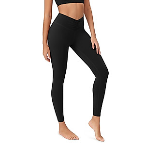 ODODOS Cloud Feeling Ruched Yoga Leggings for Women 7/8 Length High Waist Crossover Yoga Pants, Black, X-Small