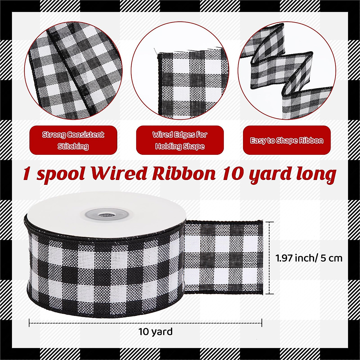 49 Pcs Christmas Tree Hanging Ornament Set Artificial Glitter Poinsettias Flower with Clips Sequin Christmas Ball Ornaments Black and White Buffalo Plaid Decorations Wired Edge Plaid Ribbon Tree Decor