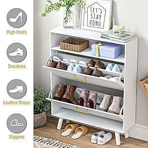 SINROM Shoe Cabinet for Entryway, Slim Shoe Storage Cabinet with 2 Flip Drawers, Freestanding Shoe Organizer with Open Shelf for Hallway, White