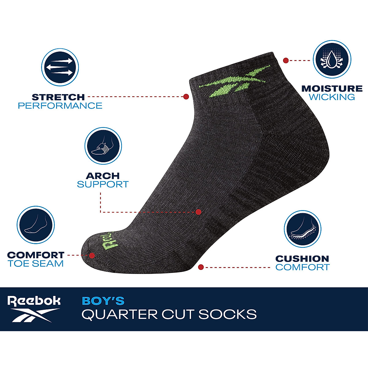 Reebok Boys' Quarter Socks - 6 Pack Stretch Performance Quarter Cut Arch Support Socks - Cushioned Athletic Socks for Boys, Size Medium, Formal Black