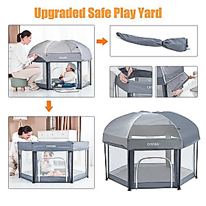 Baby Playpen Foldable Indoor & Outdoor, Onasti Play Yard with Children's Soft Mat, Compact Fence Packable Dome UV Protection, Suitable for Travel/Beach/Picnic Activity Center (Hexagon)
